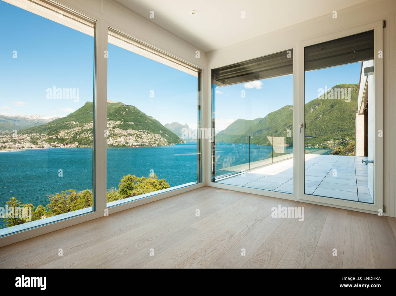 Interior, modern penthouse, empty living room with large windows Stock ...