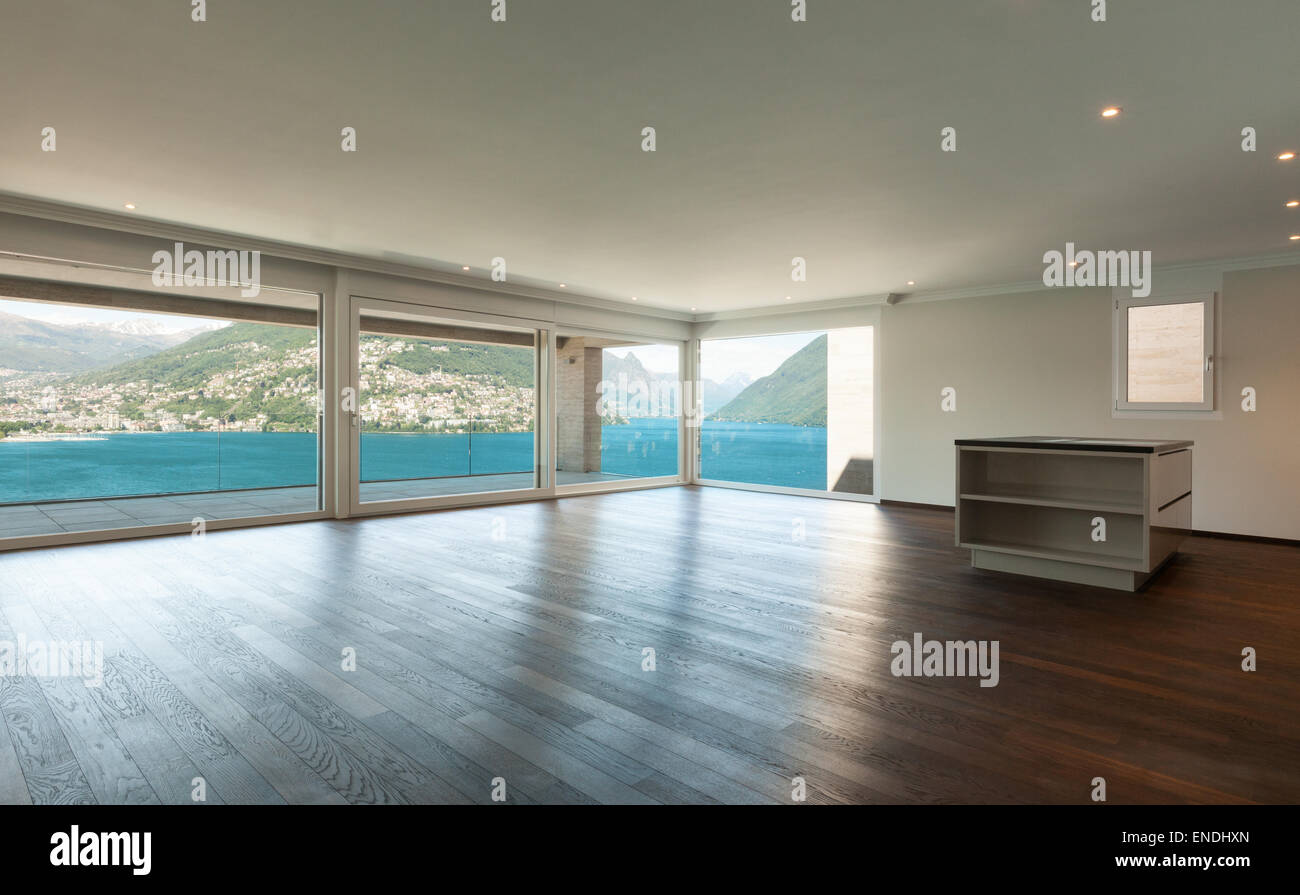 beautiful modern house, wide kitchen with window overlooking the lake ...