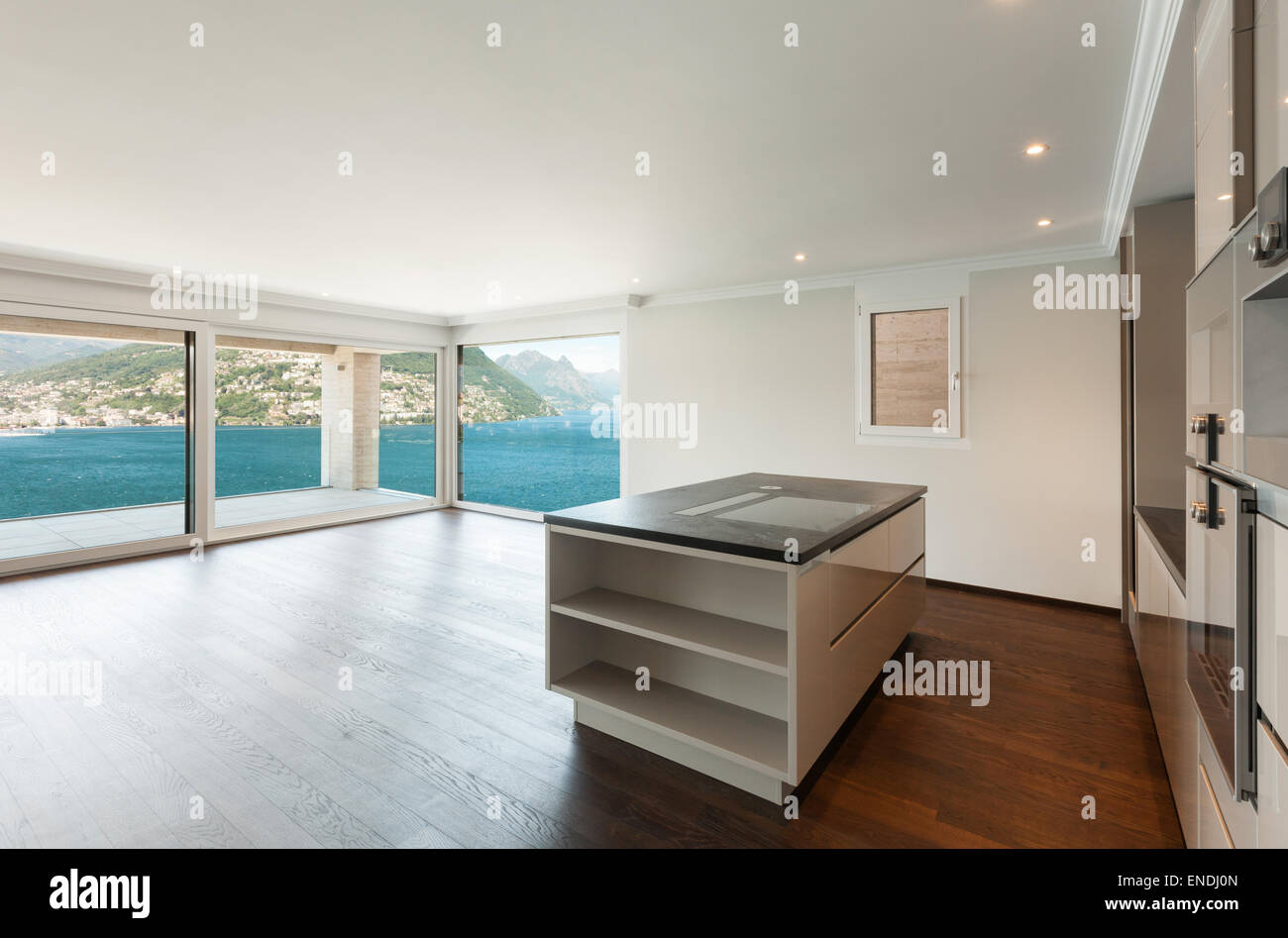 beautiful modern house, wide kitchen with window overlooking the lake ...