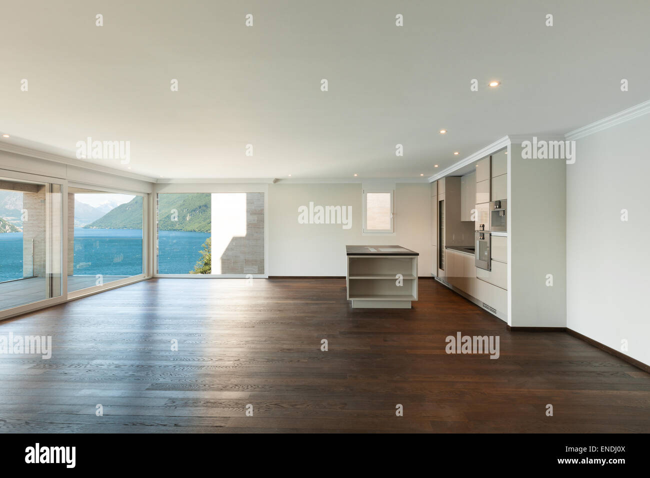 beautiful modern house, wide kitchen with window overlooking the lake ...