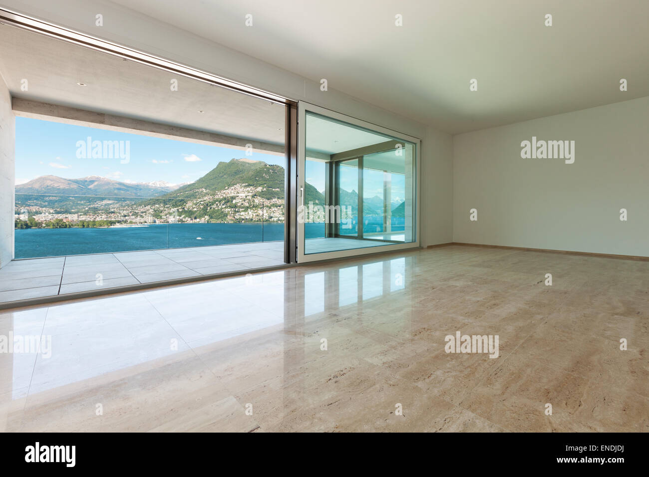 modern house, empty room with window overlooking the lake Stock Photo ...