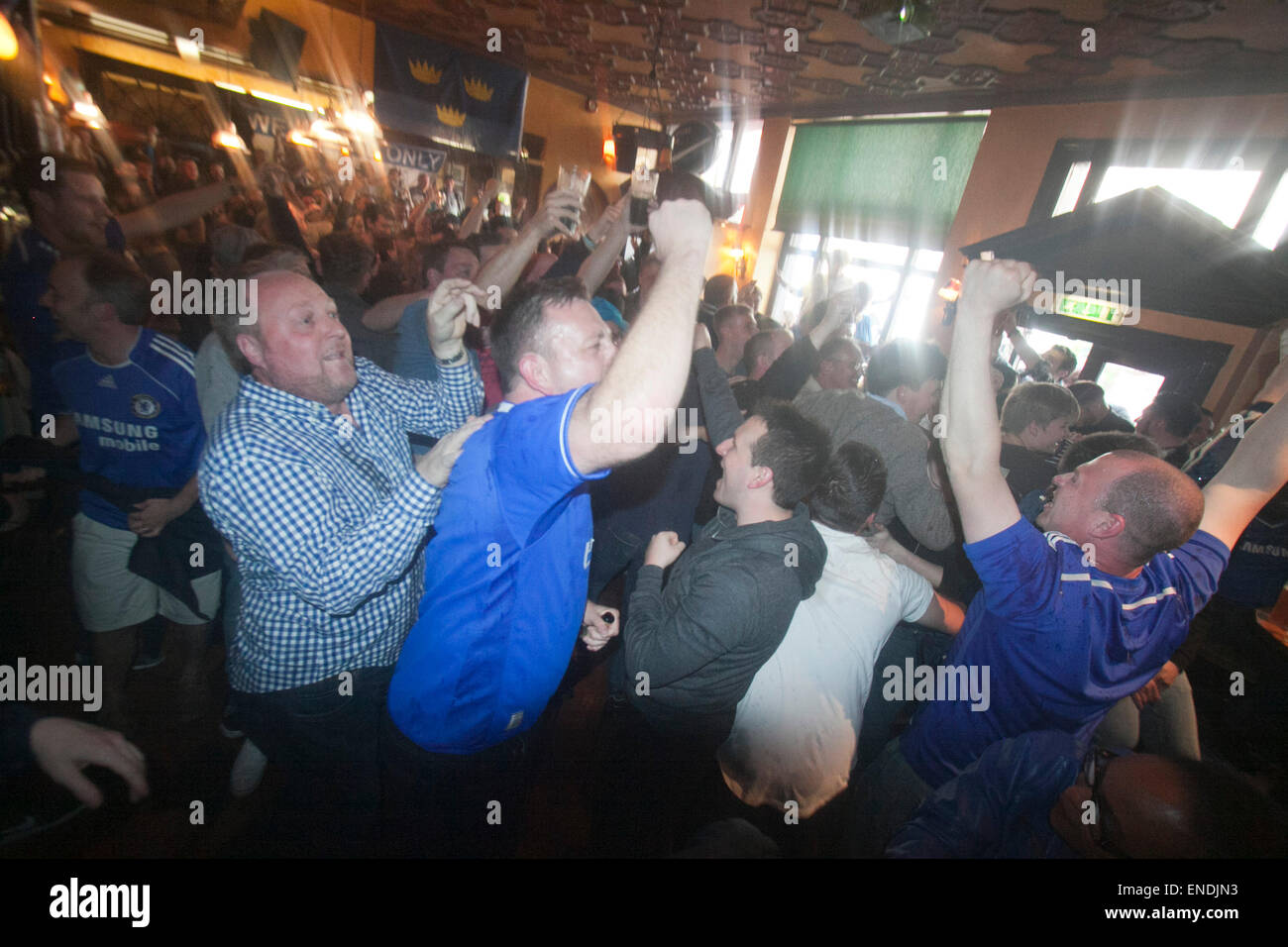 London, UK. 3rd May 2015. Chelsea football supporters celebrate at ...