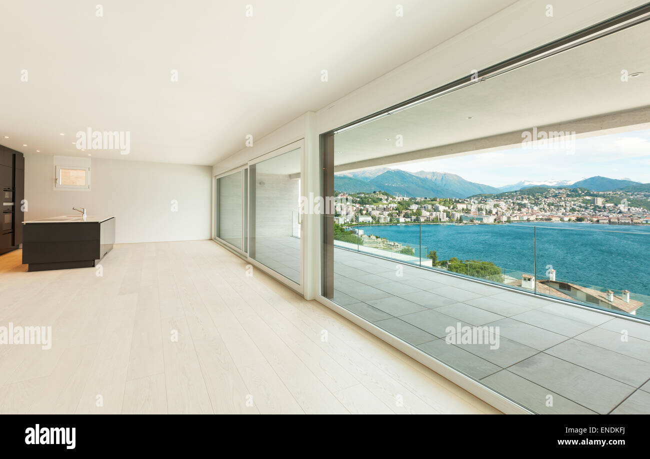 beautiful modern kitchen with window overlooking the lake Stock Photo ...