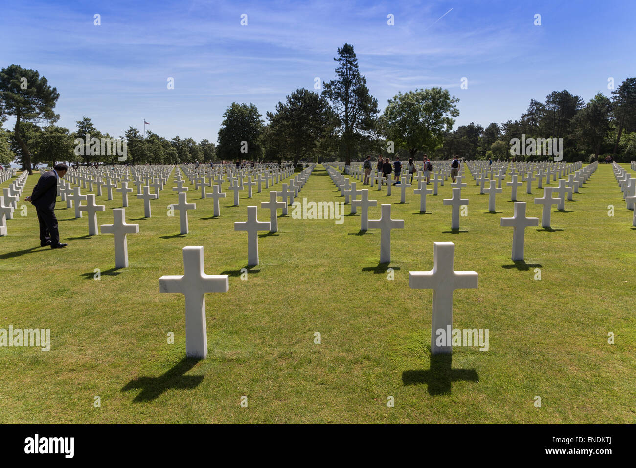 D-Day American Cemetery White Cross tombstones in symmetrical rows with ...