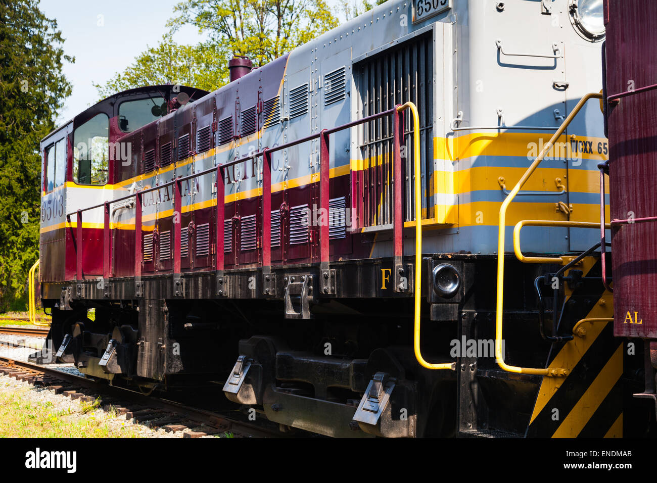 Canadian Pacific diesel engine parked on a siding railway track at the ...