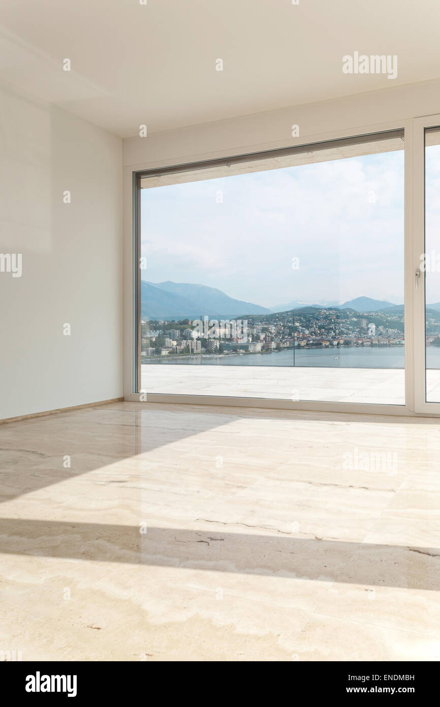 Interior, modern penthouse, empty living room with large windows Stock ...
