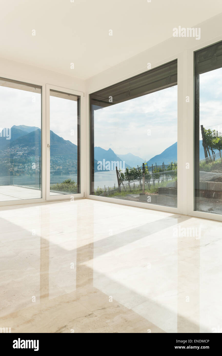 Interior, modern penthouse, empty living room with large windows Stock ...