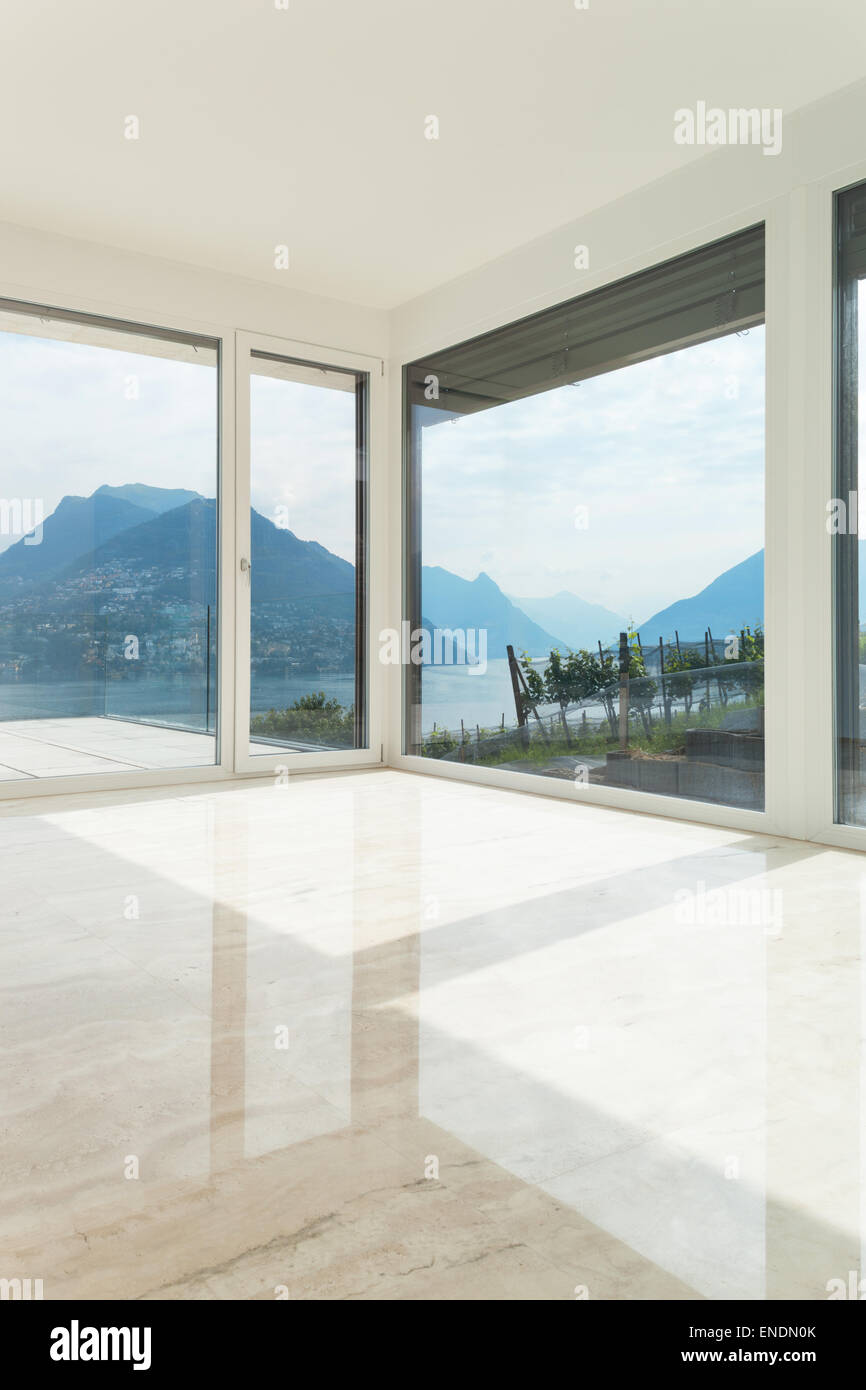 Interior, modern penthouse, empty living room with large windows Stock ...