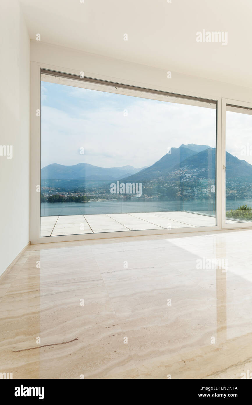 Interior, modern penthouse, empty living room with large windows Stock ...