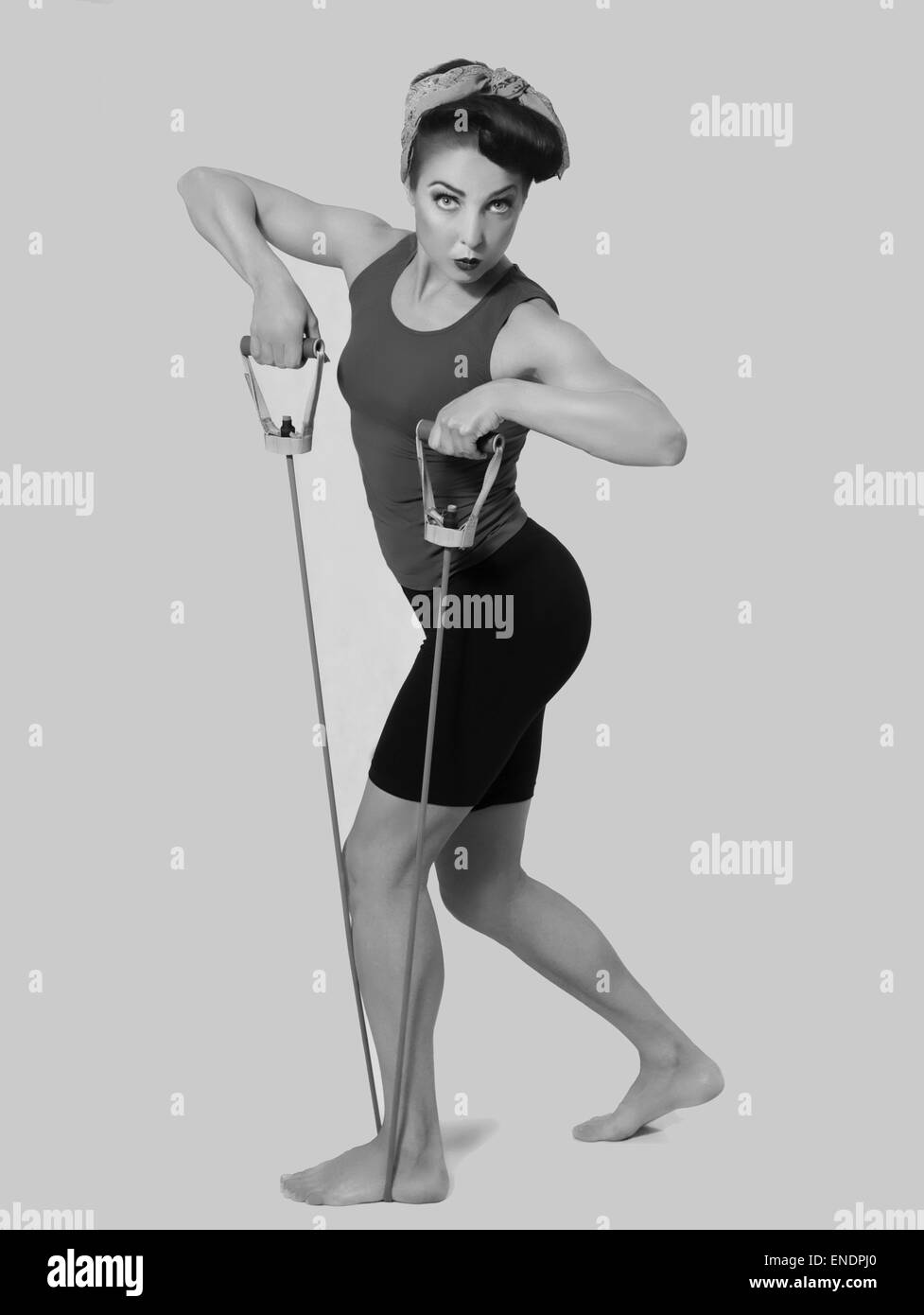 Famous retro pose foto. brunette in a blue shirt with a scarf on her ...