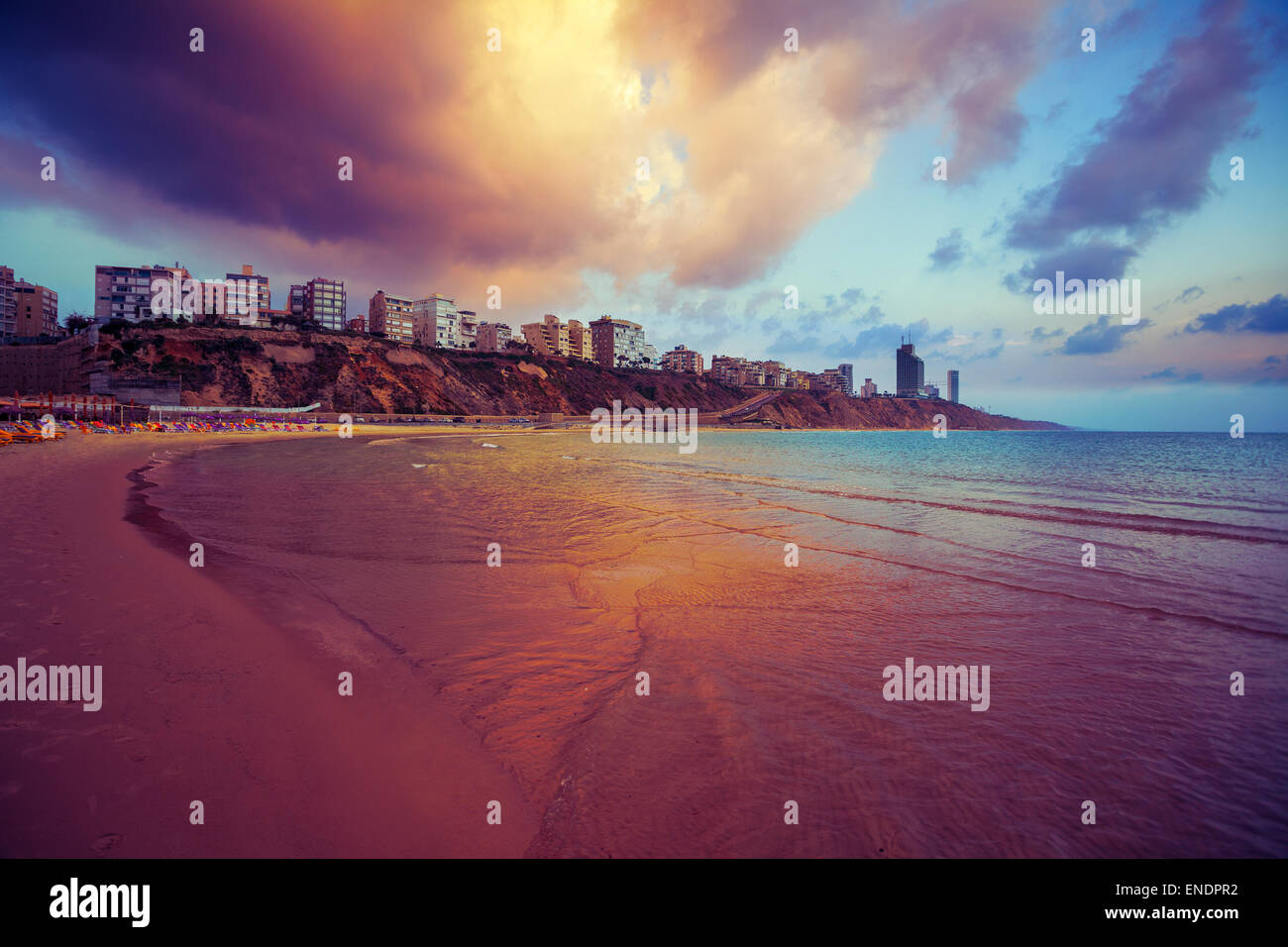 Netanya city at sunset, sea coast. Israel Stock Photo - Alamy