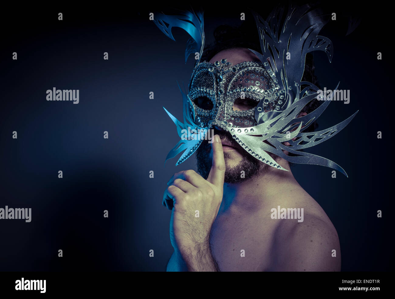 Treasure, jewels and silver. Man with mask of precious metals Stock ...