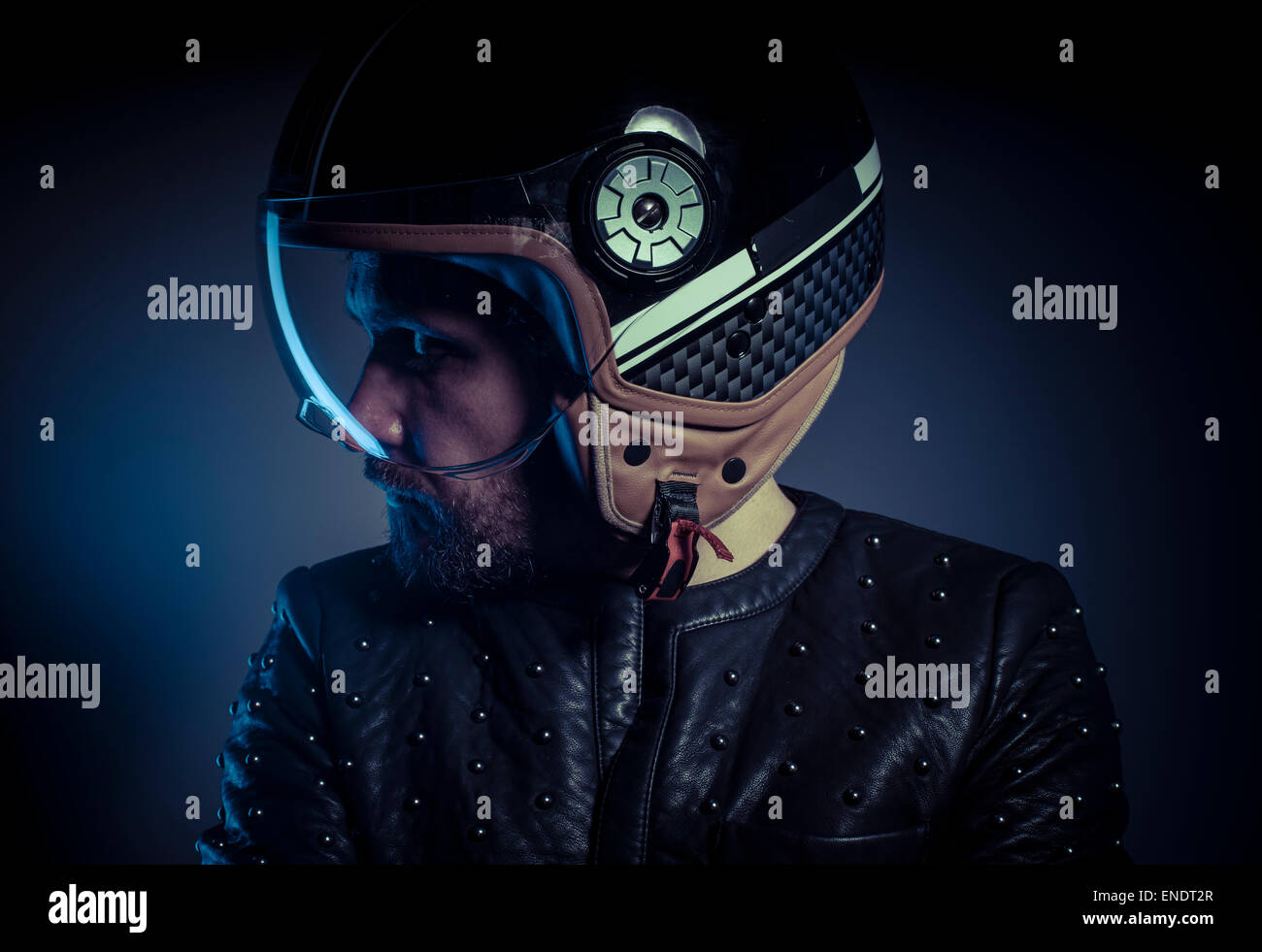 Freedom, biker with motorcycle helmet and black leather jacket, metal ...