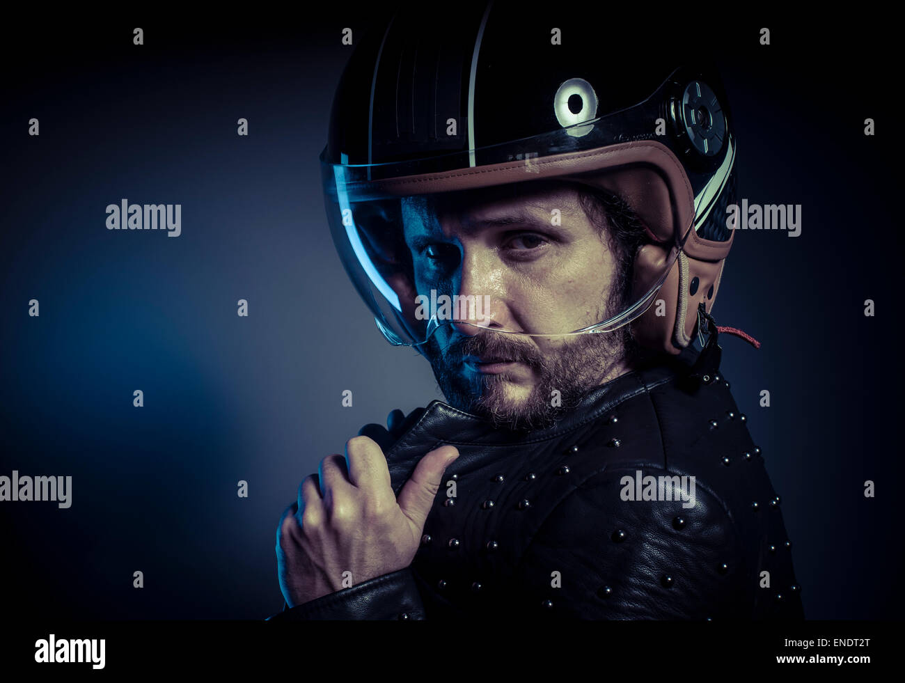 Freedom, biker with motorcycle helmet and black leather jacket, metal ...