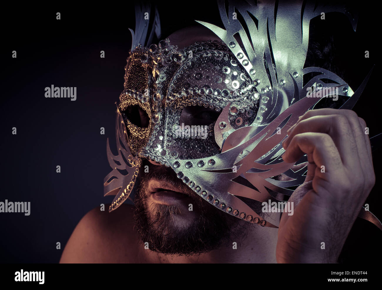 Mystery and Renaissance, adult man with mask silver and precious stones ...