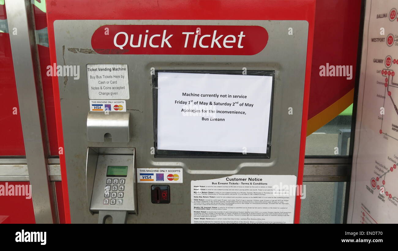 A sign notifying of strike action on a ticket machine at an empty bus ...
