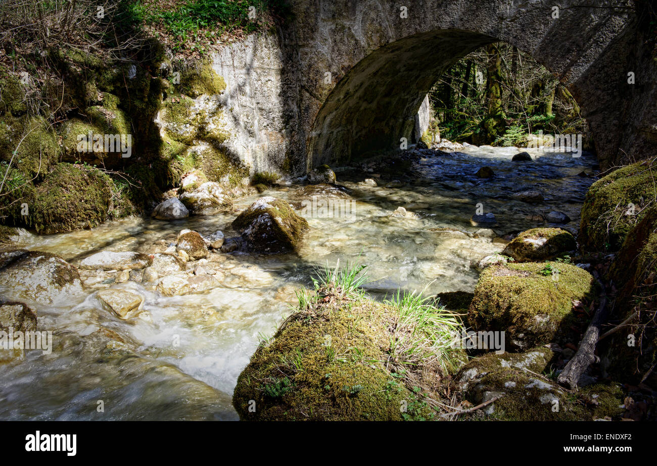 a small stream under a stone bridge in mountain Stock Photo - Alamy