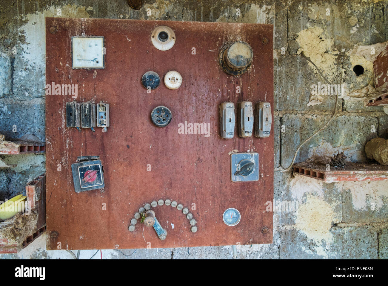 Vintage electrical switchboard with multiple controls, fuses and levers ...