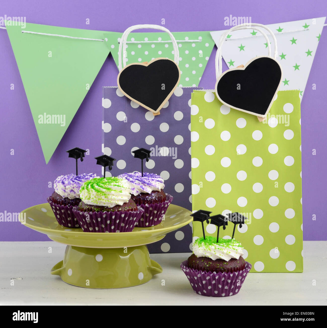 Graduation Day green and purple theme party with cupcakes and ...