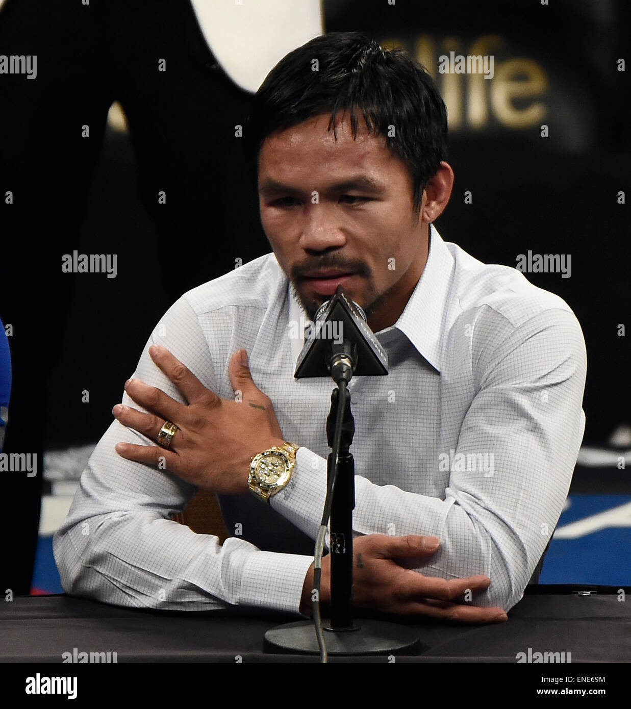 May 2.2015. Las Vegas NV. Manny Pacquiao talks about his injuries ...