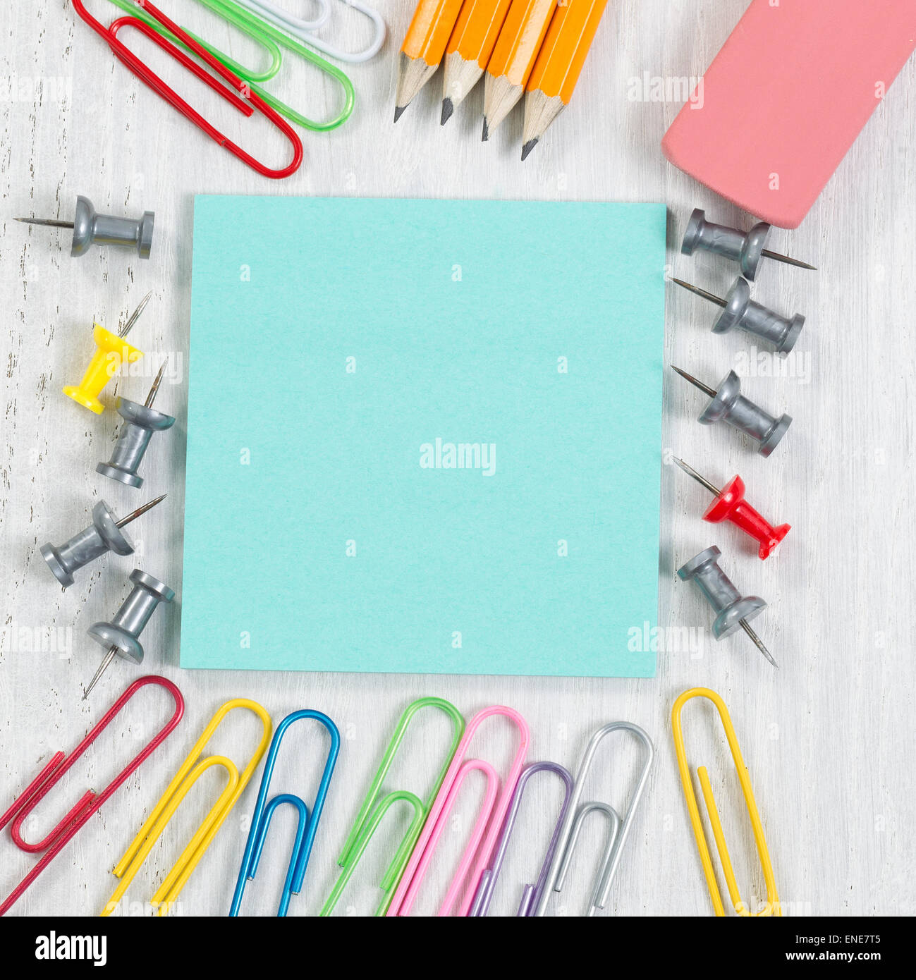 Close up image of school supplies consisting of the following: paper ...