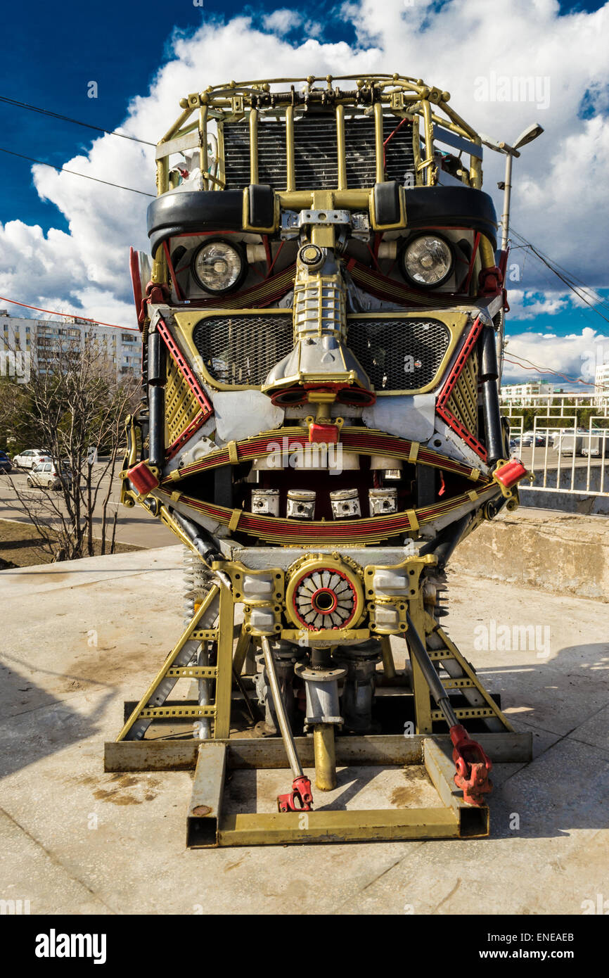 Welded car scrap metal formed into a human head with eyes and facial ...