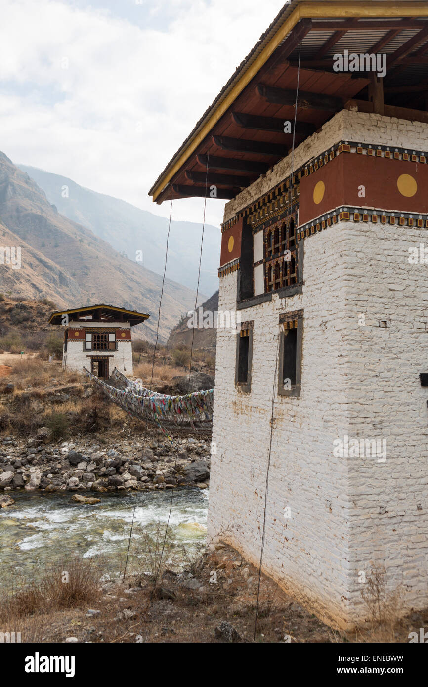 Traditional iron bridge at Tamchhog Lhakhang on road from Paro to ...