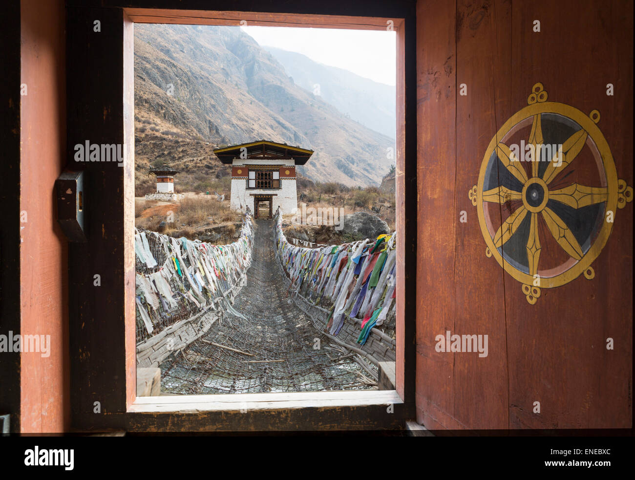 Traditional iron bridge at Tamchhog Lhakhang on road from Paro to ...