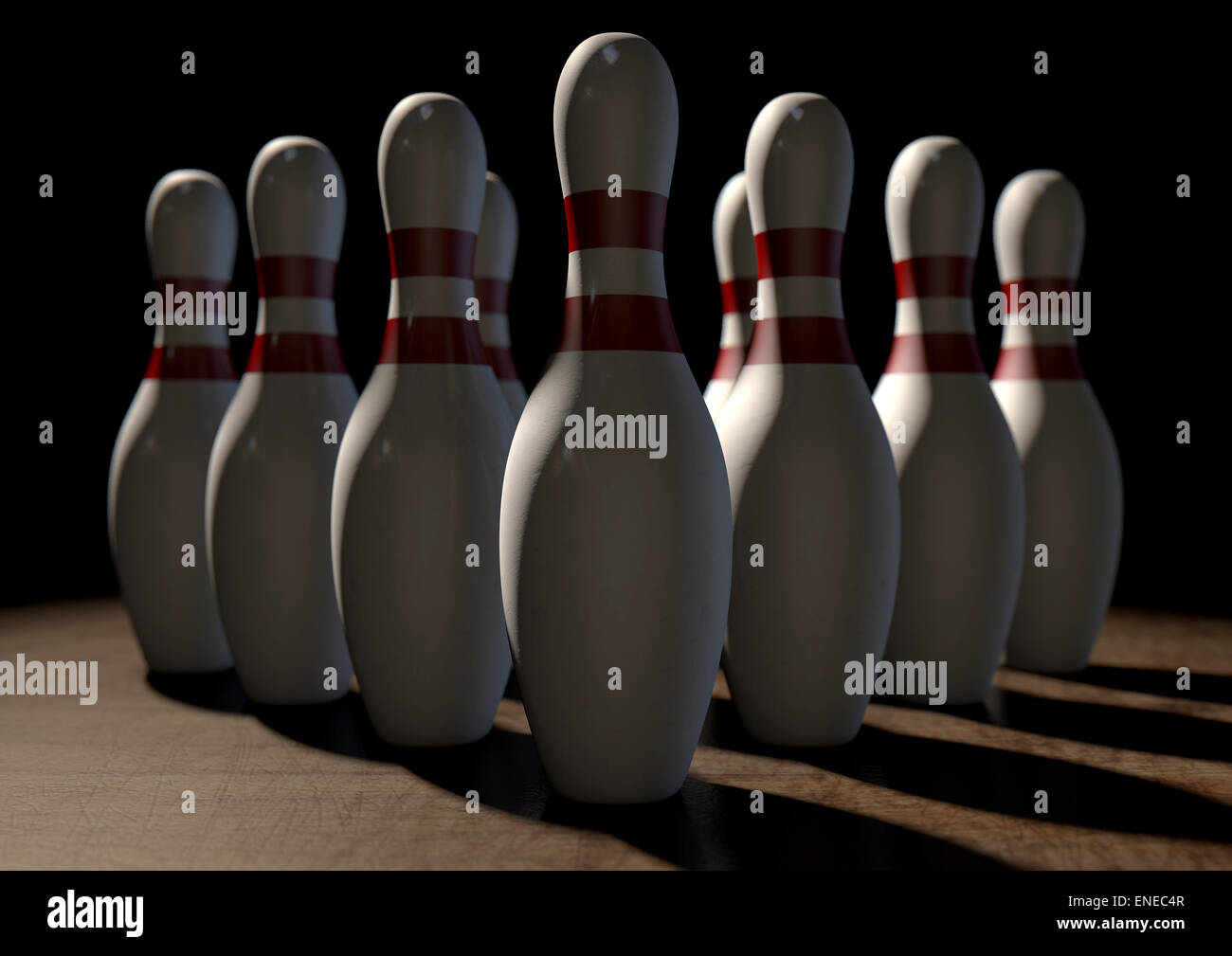 An arrangement of white and red used vintage bowling pins resting on a ...