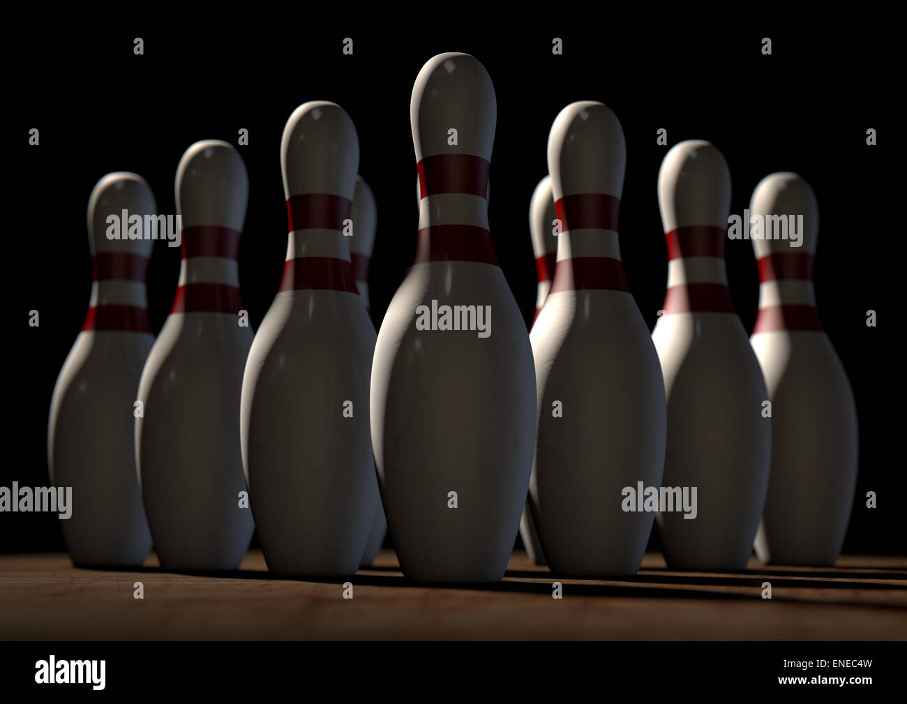 An arrangement of white and red used vintage bowling pins resting on a ...
