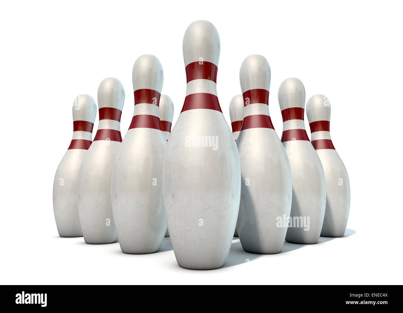 An arrangement of white and red used vintage bowling pins isolated on a ...