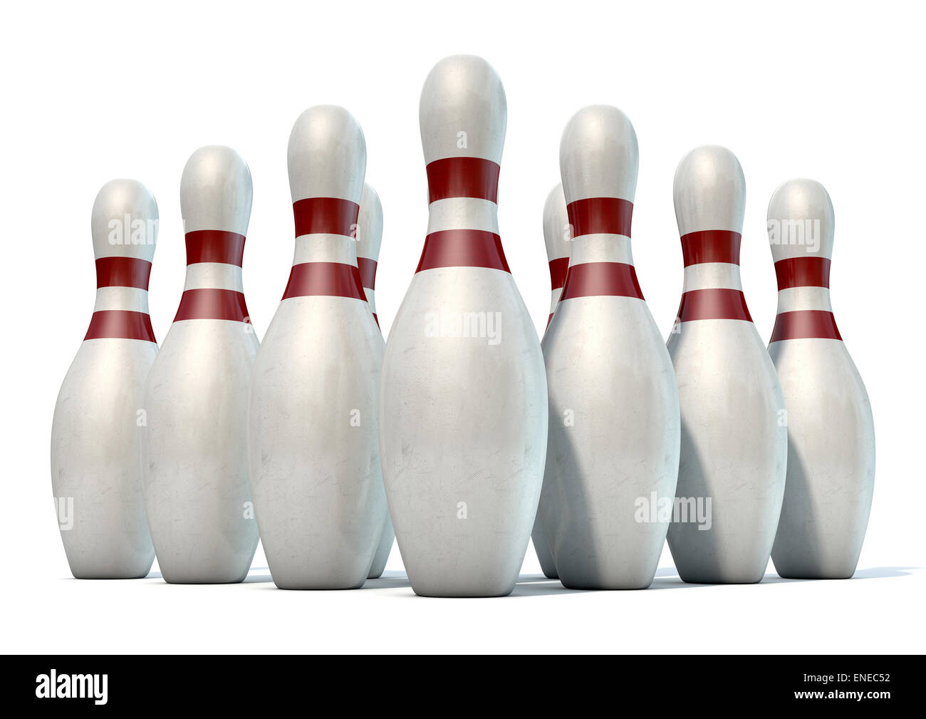 An arrangement of white and red used vintage bowling pins isolated on a ...
