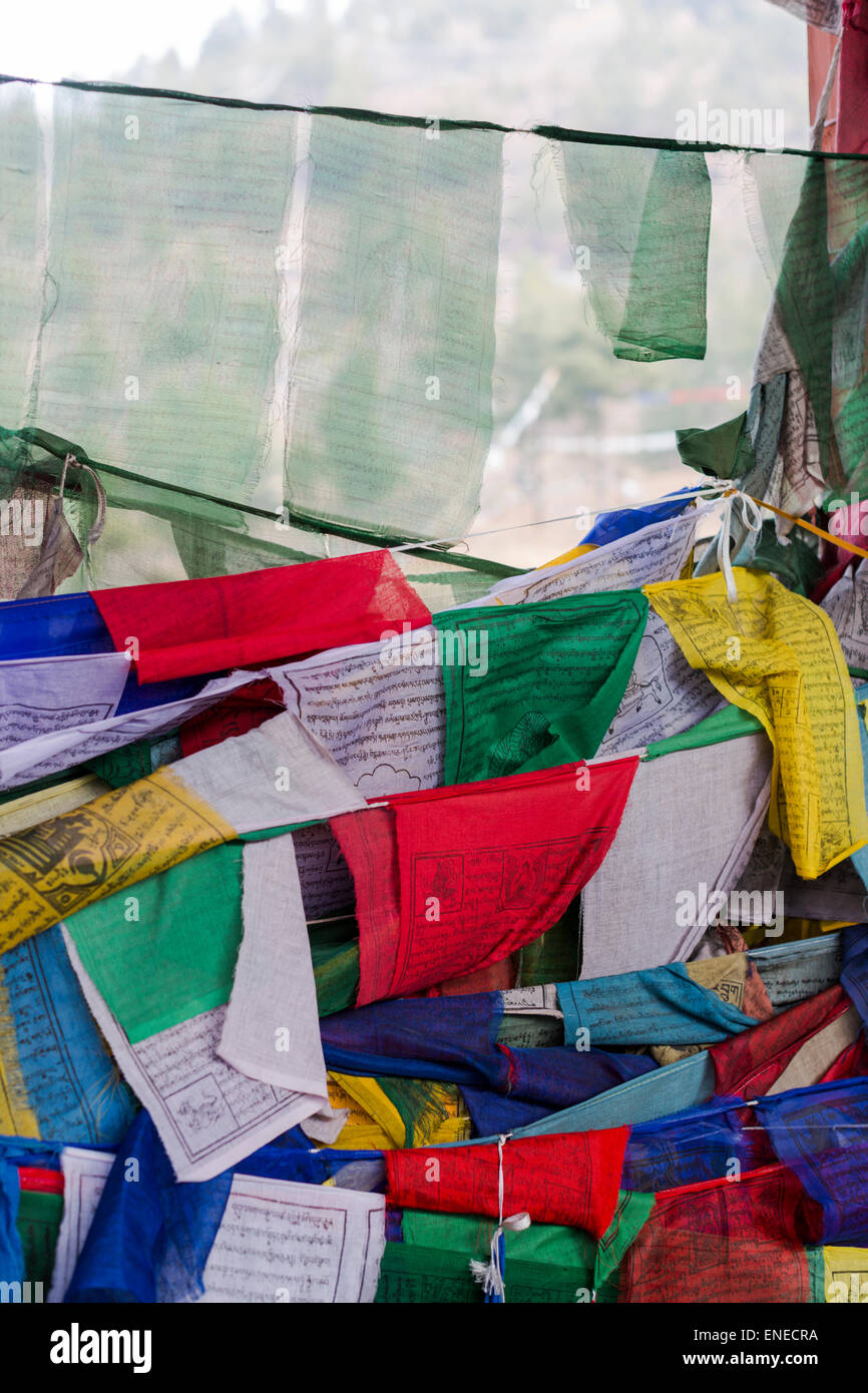 Prayer flags on covered bridge by market, Thimphu, Bhutan, Asia Stock ...