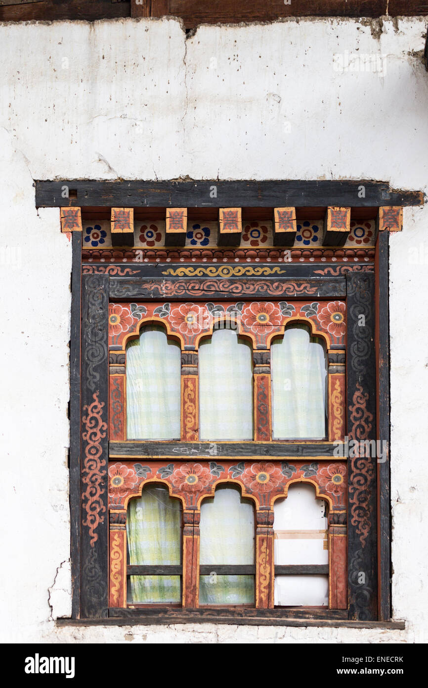 Handpainted, decorative window with arches on a house in Thimphu ...
