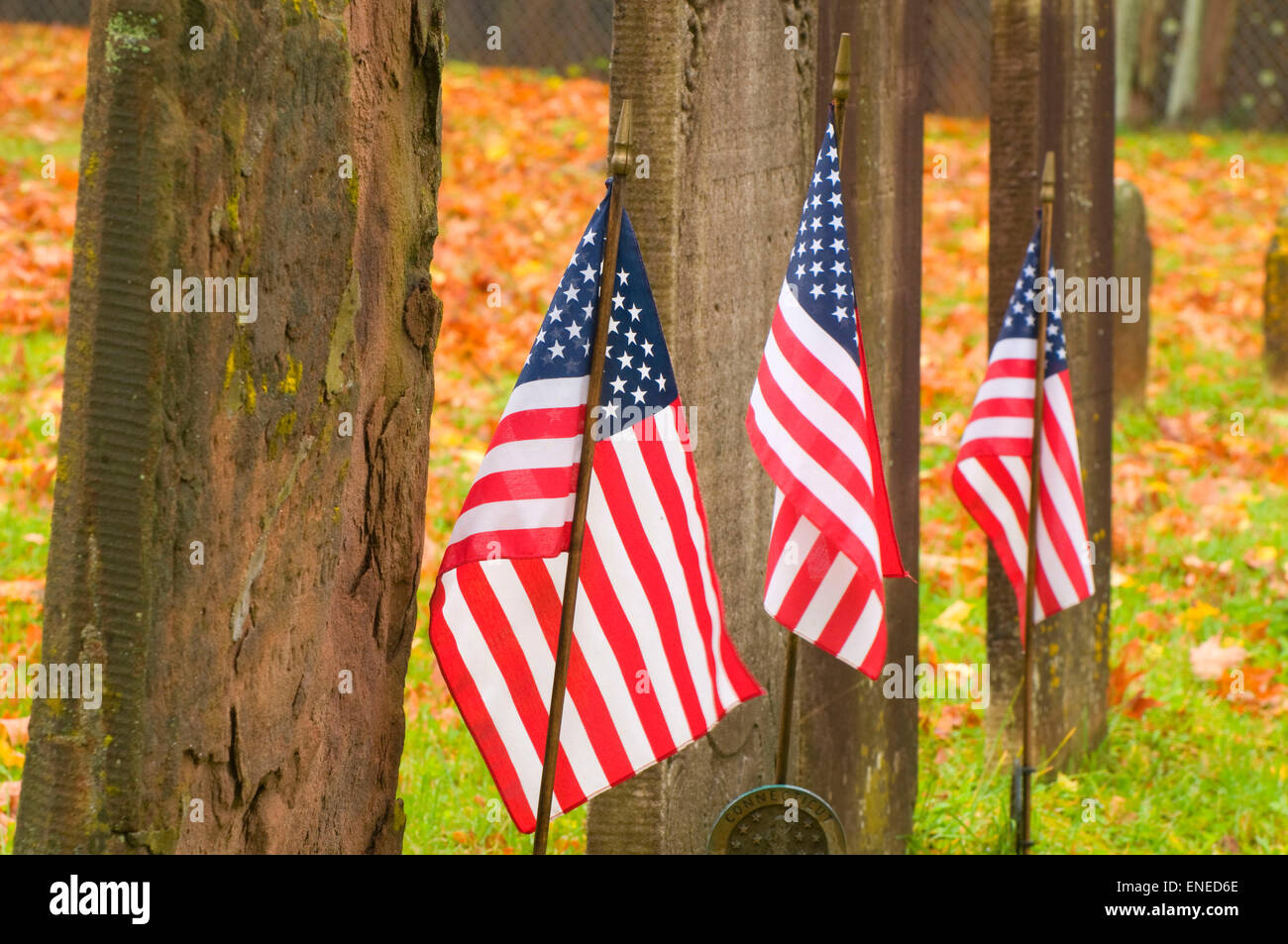 Gravestones with American flag, Memento Mori Burying Ground, Farmington ...