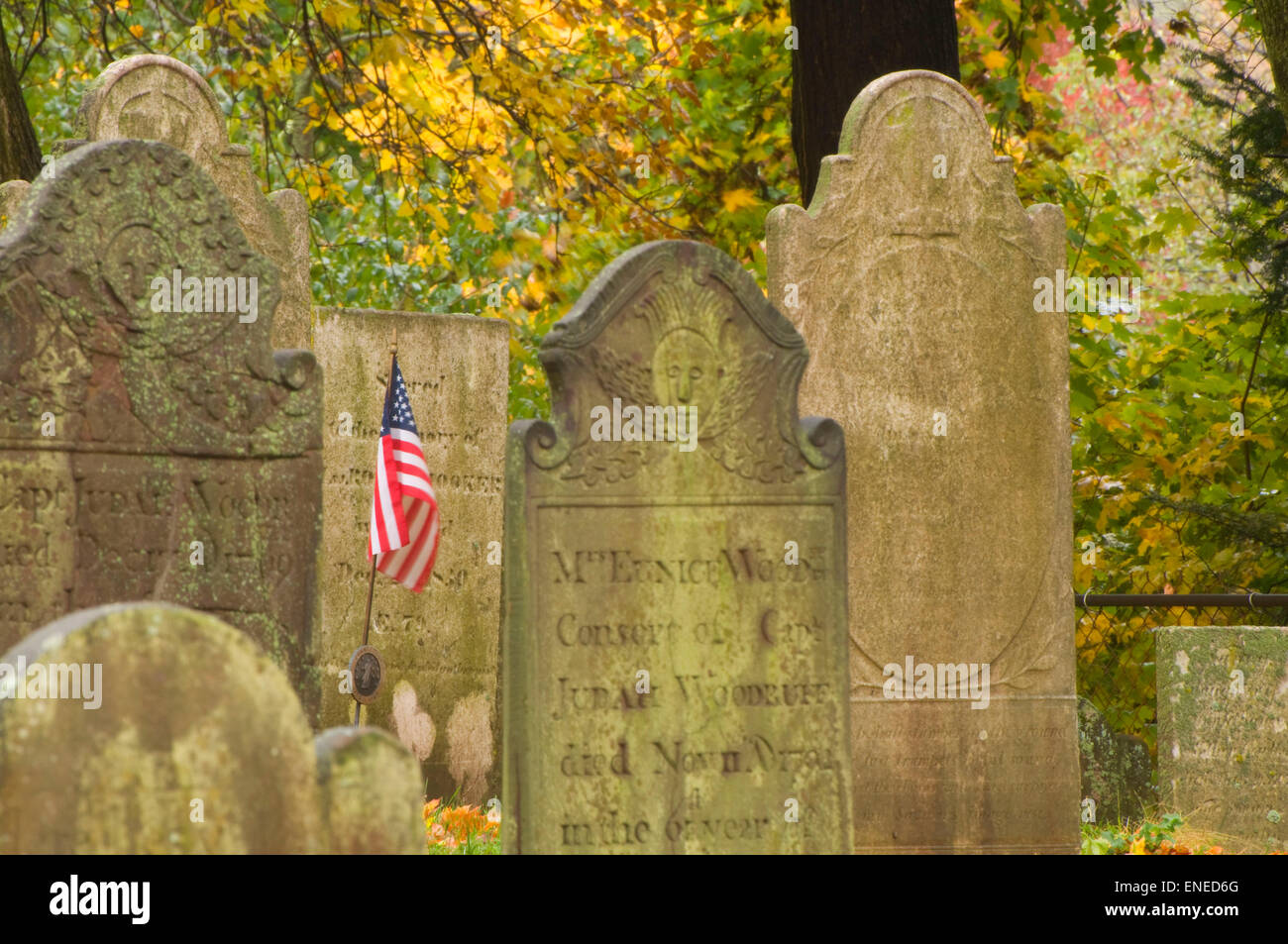 Gravestones with American flag, Memento Mori Burying Ground, Farmington ...