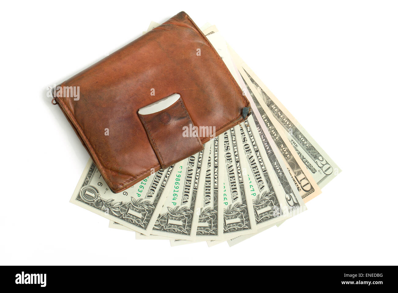 leather wallet with money banknotes US dolars nominal value one, five ...