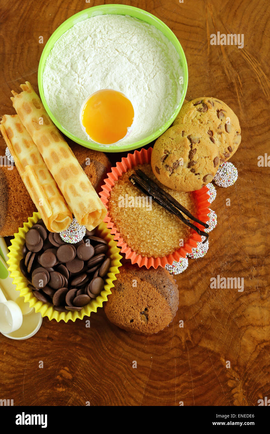 ingredients for baking and desserts cookies, muffins, waffles on a ...