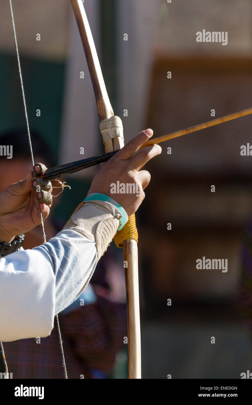 Archery with traditional bow and arrow in Thimphu, Bhutan, Asia Stock ...