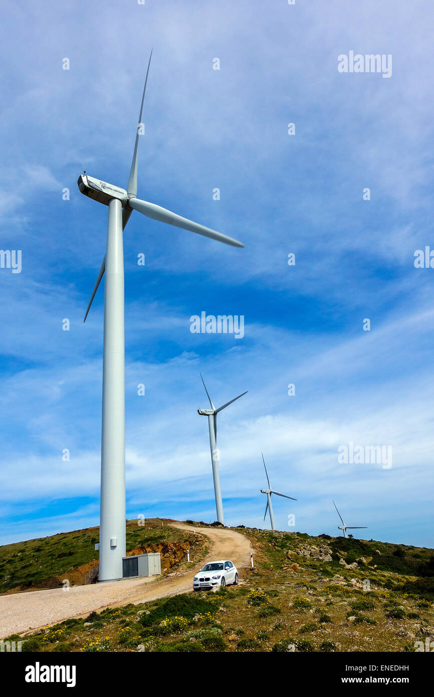 Wind turbines on mountain ridge, Peloponnese, Greece Stock Photo - Alamy
