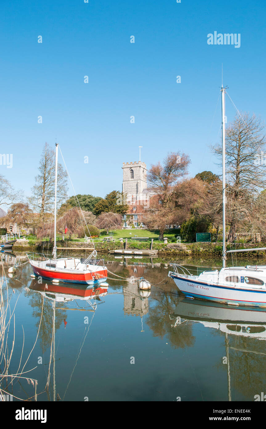 Boats on the Wareham river, with the Priory Hotel and Lady St Mary ...