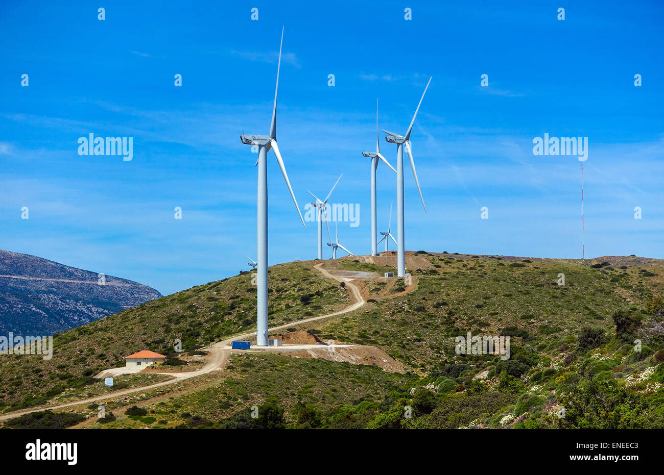 Wind turbines on mountain ridge, Peloponnese, Greece Stock Photo - Alamy