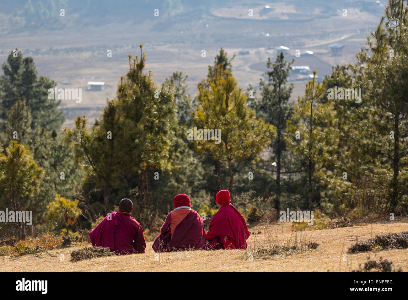 Monks near Gangtey Monastery, Phobjikha Valley, Western Bhutan, Asia ...
