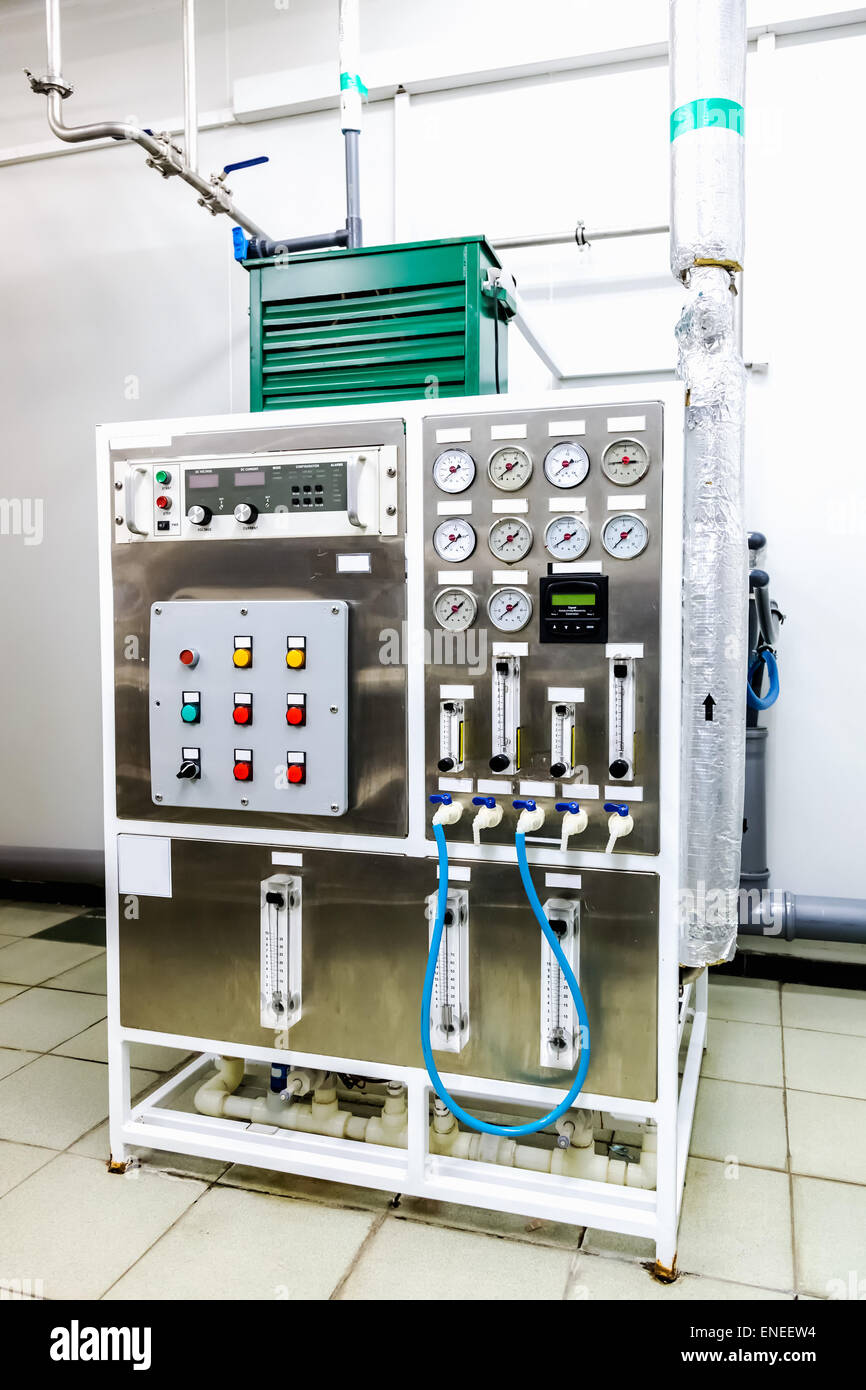 Control panel equipment on water conditioning or distillation room on ...