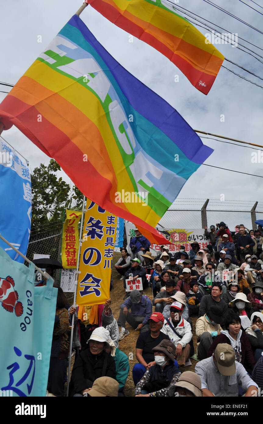 Okinawa, Japan: people protesting for the construction of a new ...