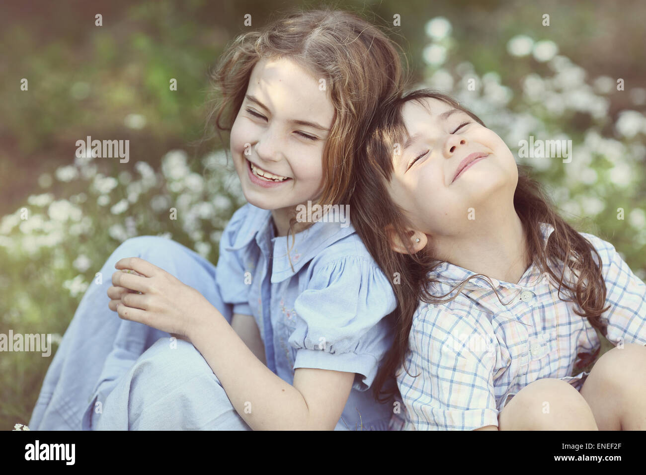 Two cute girls laughing on a beautiful summer meadow Stock Photo - Alamy
