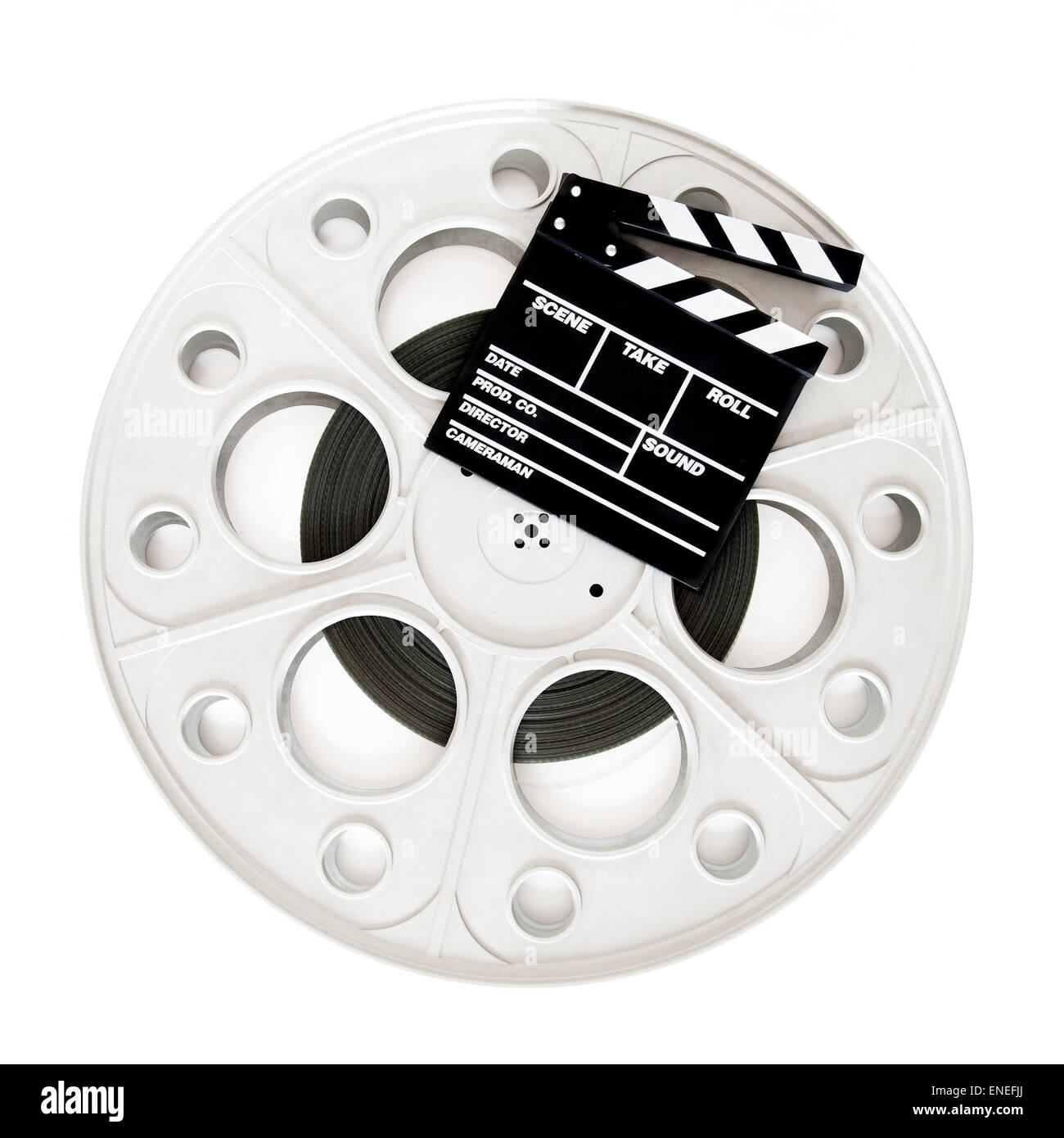 Movie clapper on 35 mm cinema film reel isolated on white background ...