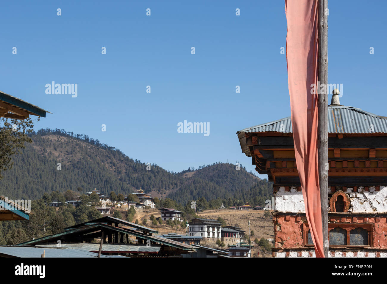 Buddhist school seen from Gangtey Monastery, Phobjikha Valley, Western ...