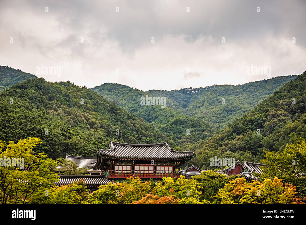 Traditional asian buddhist monks temple in mountains in South Korea at ...