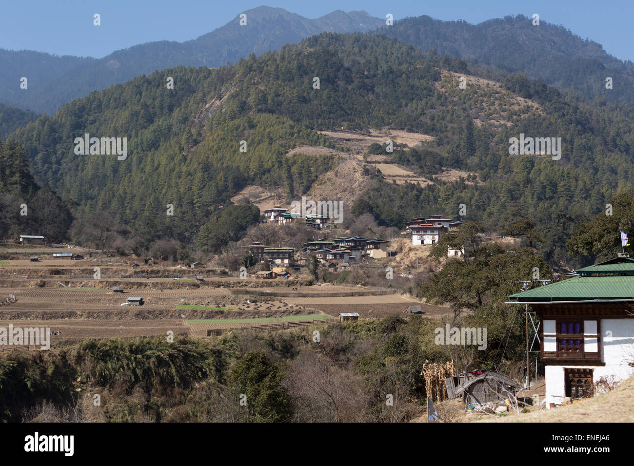 Farms and countryside near Sephu (Chazam), Wangdue Phodrang, Western ...